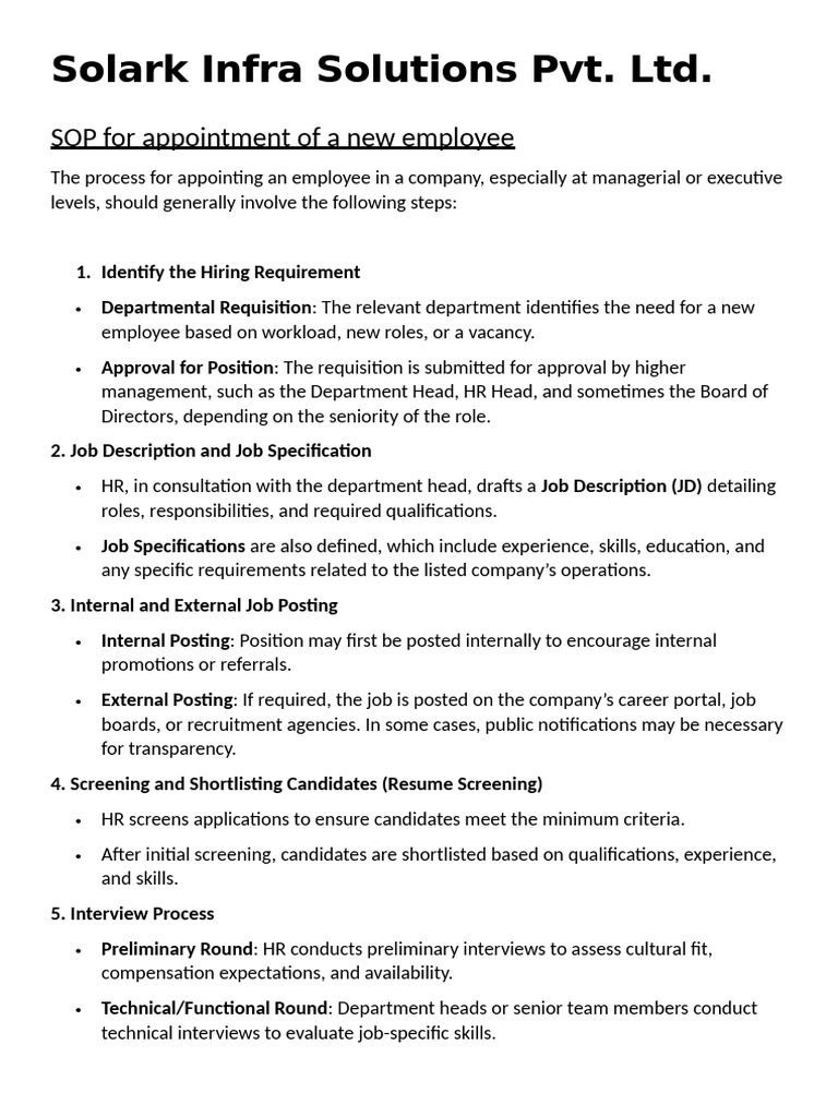 SOP For Appointment of An Employee | PDF | Recruitment | Business