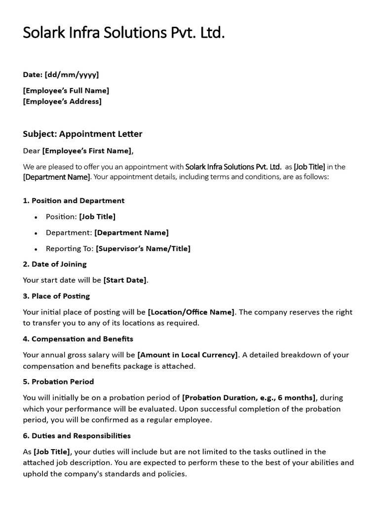 Appointment Letter Template for Employees | PDF | Compensation And ...