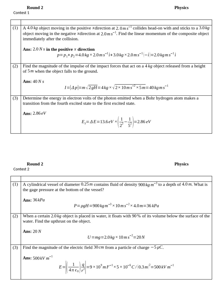 Prelims Round 2 - Physics 2018 | PDF | Pressure | Electronvolt