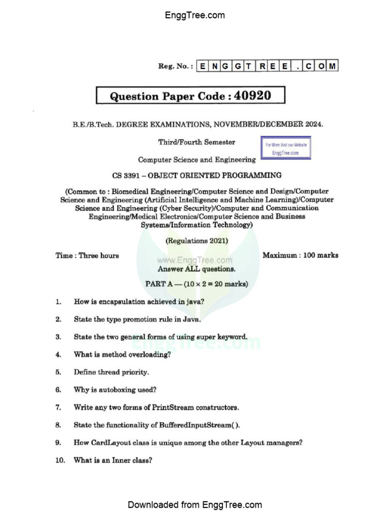 CS3391 Object Oriented Programming Nov Dec 2024 Question Paper Download | PDF