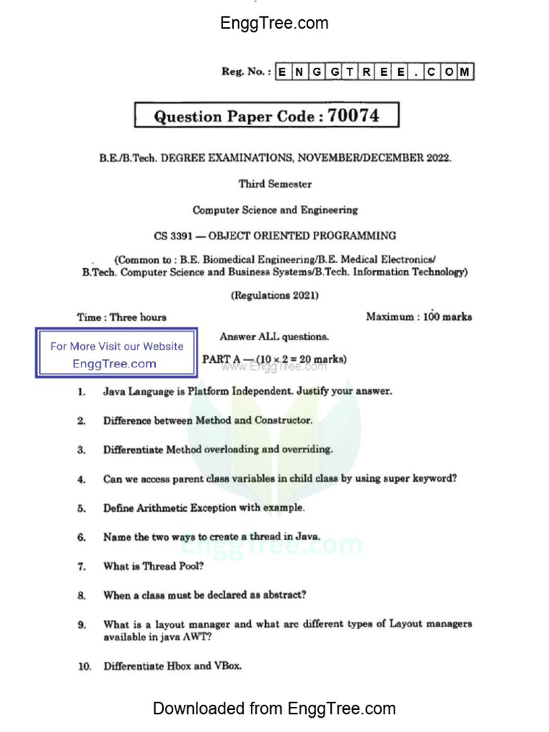 CS3391 Object Oriented Programming Nov Dec 2022 Question Paper Download | PDF