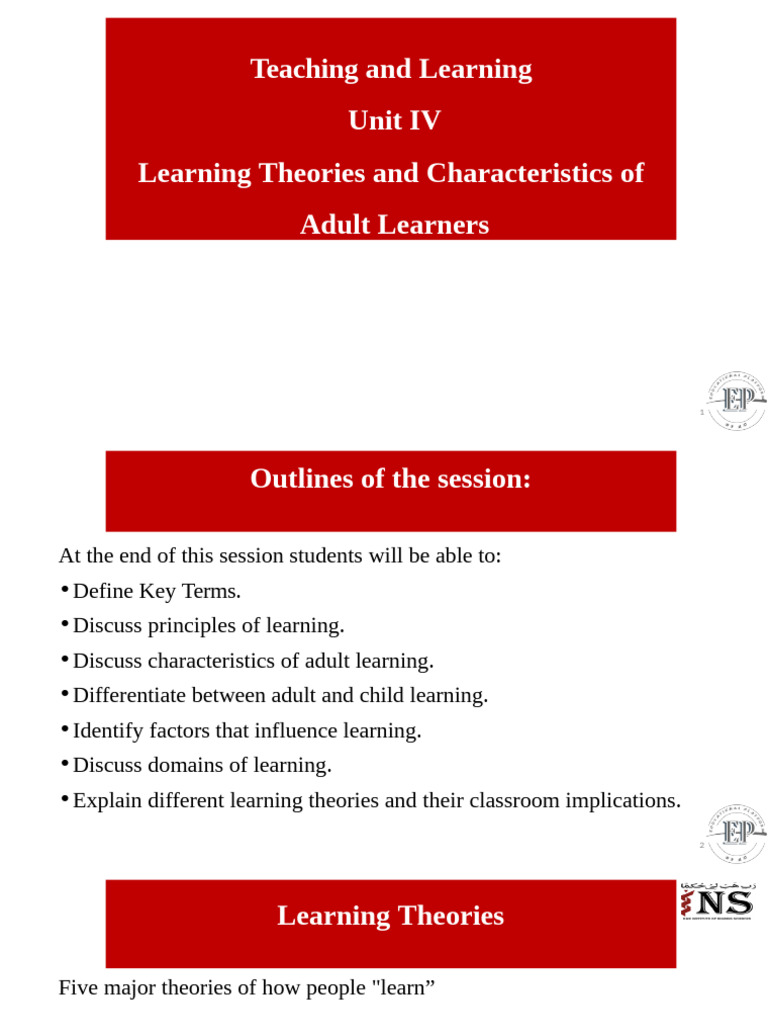 Learning Theories and Characteristics of Adult Learners Notes | PDF ...