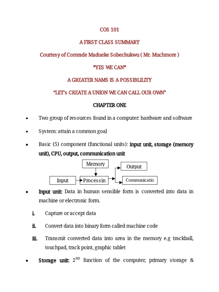 Cos 101 First Class Summary | PDF