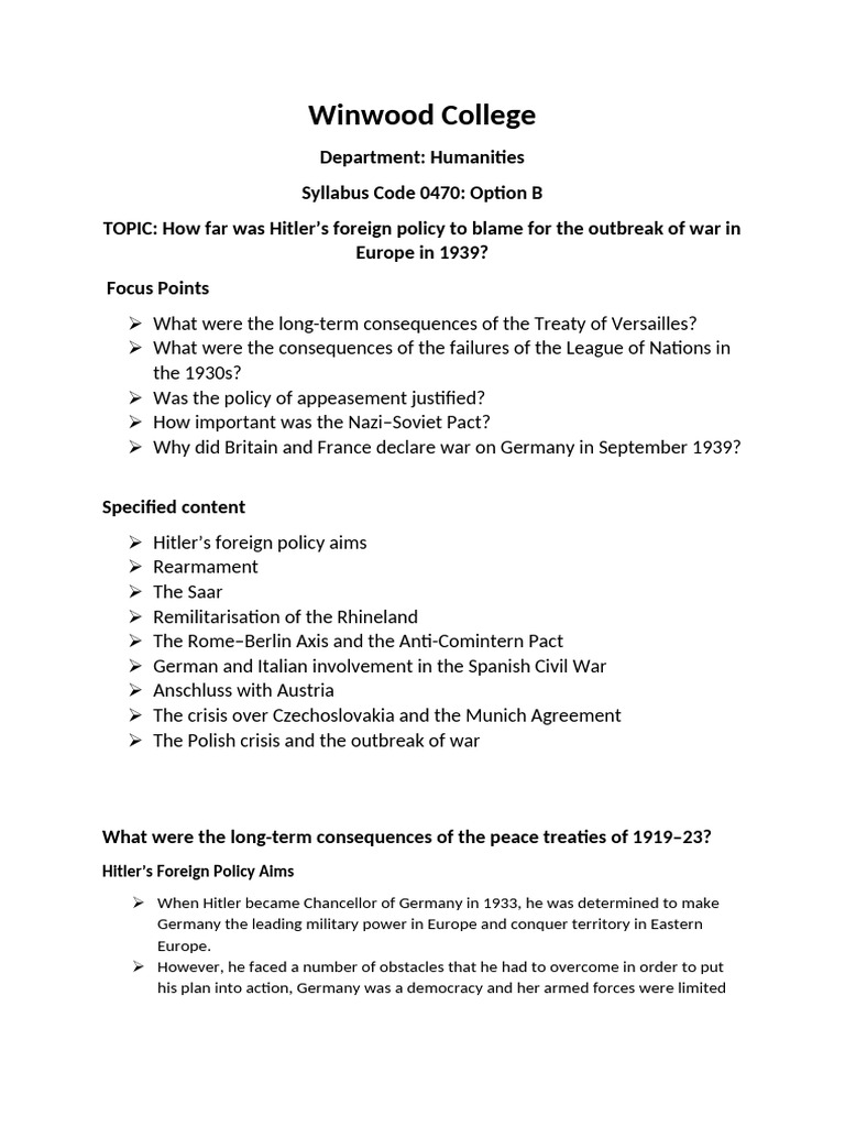 To What Extent Was Hitler's Foreign Policy To Blame For 1939 War | PDF ...