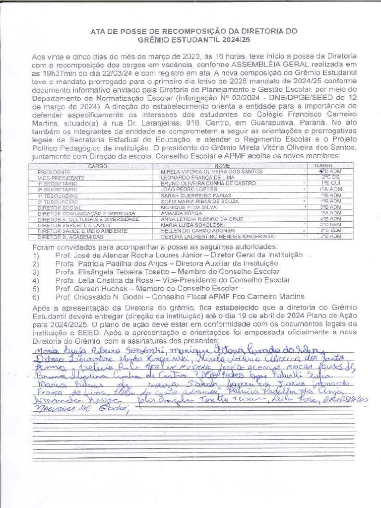 Ata Posse Nova Diretoria Grêmio Estudantil 2024 - 2025 Assinada | PDF