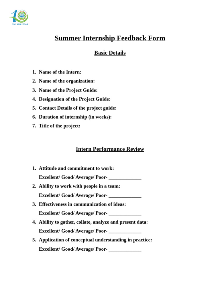 Summer Internship Feedback Form | PDF