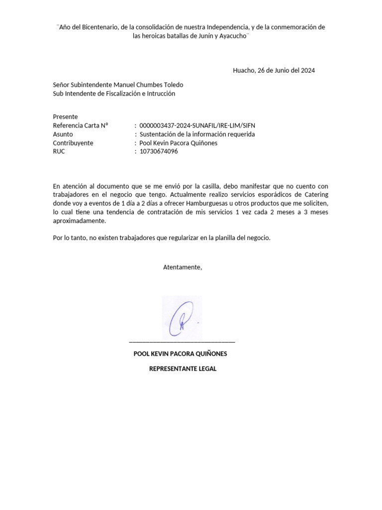 Modelo Carta Sunafil | PDF
