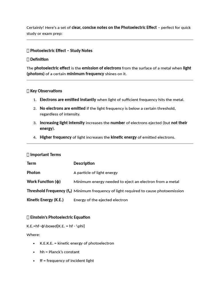 Photoelectric Effect Study Notes | PDF