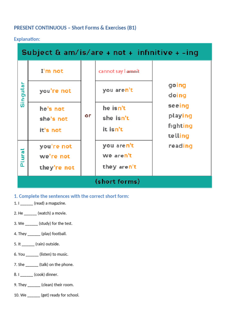 Present Continuous Short Forms Exercises | PDF | Chess Theory | Chess