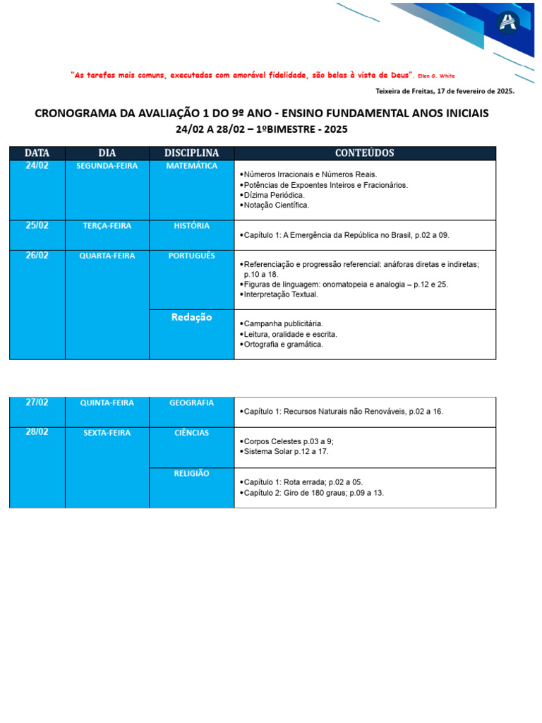 Cronograma Av1 - 9º Ano - 1º Bimestre | PDF