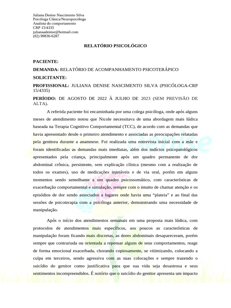 RELATÓRIO PSICOLÓGICO - Modelo 1 | PDF | Psicologia | Neuropsicologia