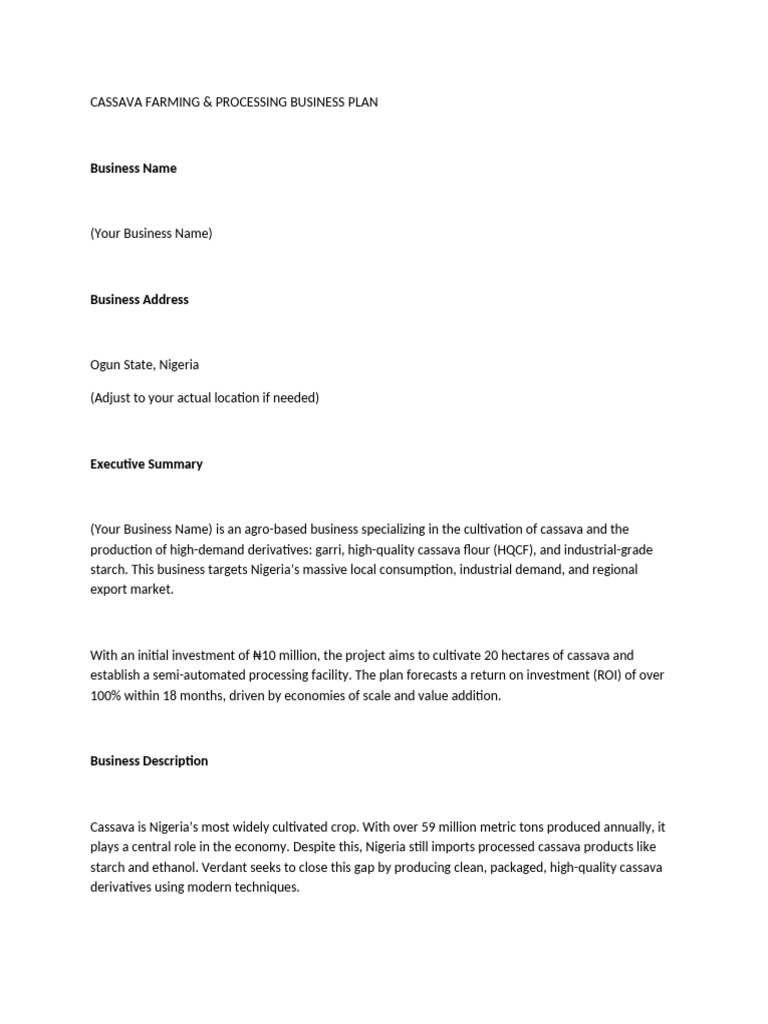 CASSAVA FARMING & PROCESSING BUSINESS PLAN | PDF | Agriculture | Mergers And Acquisitions
