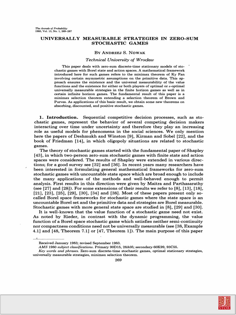 1985 - Nowak - Universally Measurable Strategies in Zero-Sum Stochastic Games | PDF