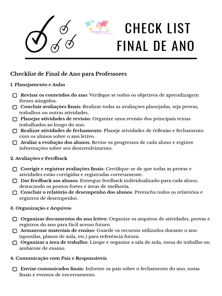 Check List Final de Ano | PDF | Lição | Comentários
