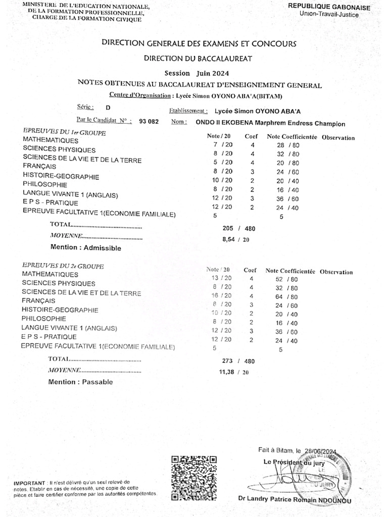 Relevé de Notes Au Baccalauréat | PDF