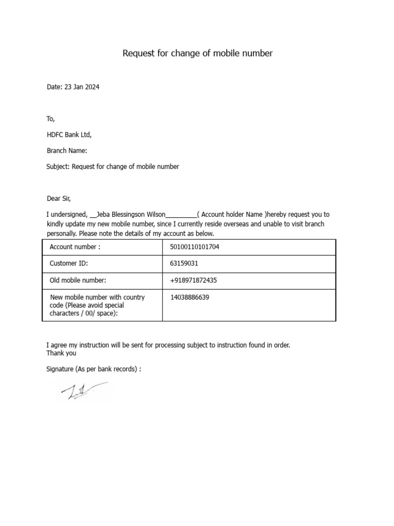 Request For Change of Mobile N.docx Attested | PDF