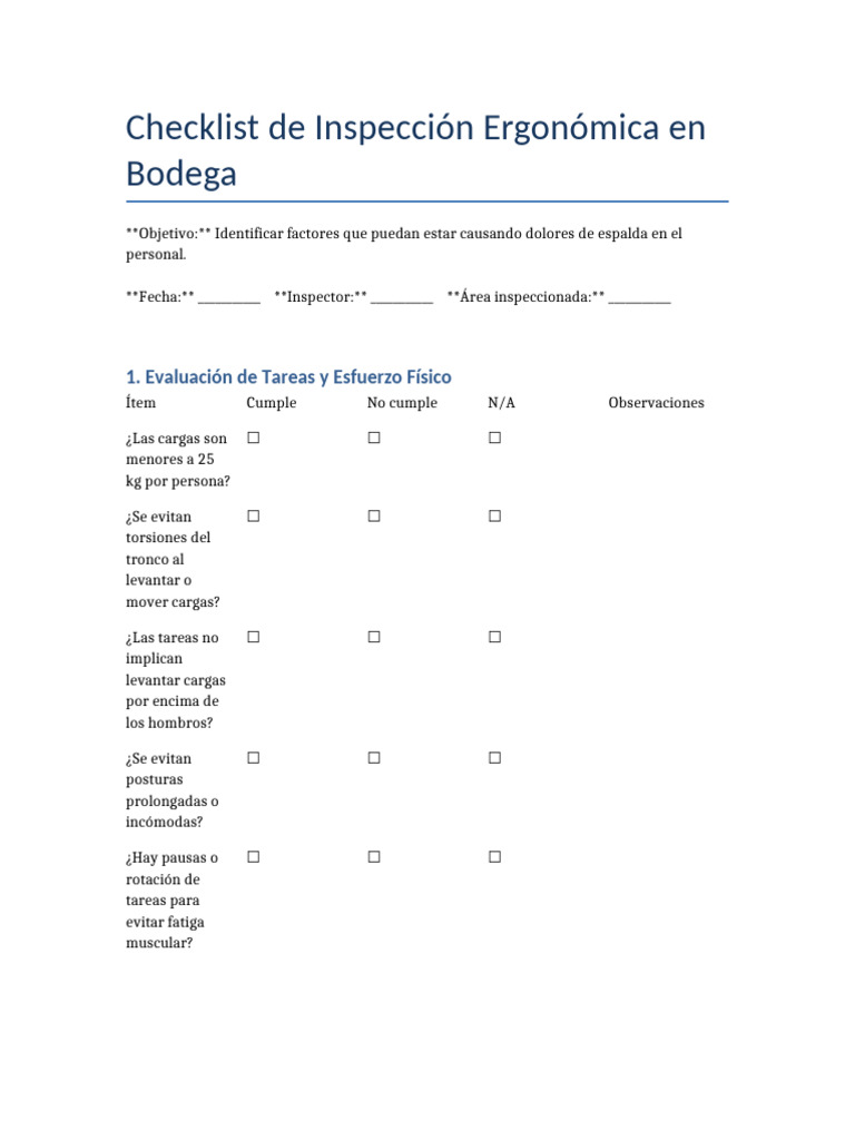 Checklist Inspeccion Ergonomica Bodega-1 | PDF | Máquina elevadora