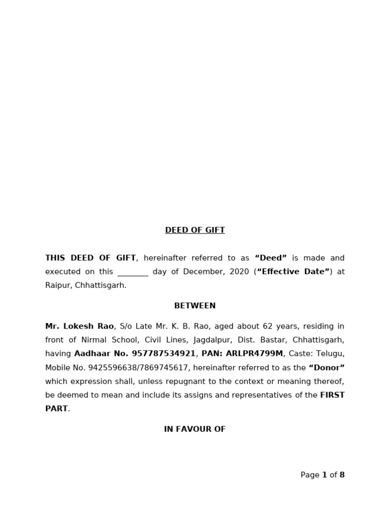 Draft Gift Deed (Lokesh Rao - Subhash Rao) | PDF | Deed | Civil Law (Common Law)