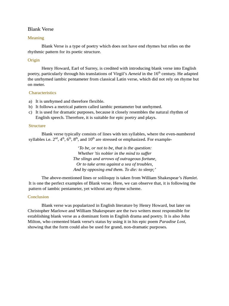 Blank Verse: Meaning | PDF