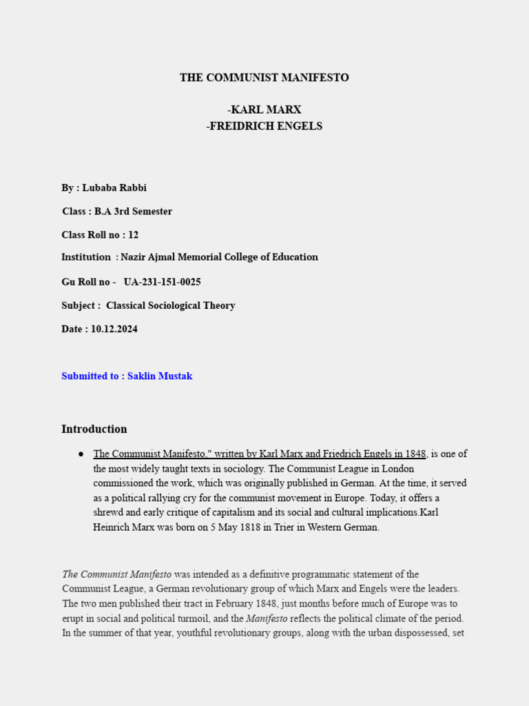 The Communist Manifesto - Book Review (Lubaba) | PDF | Communism | The ...