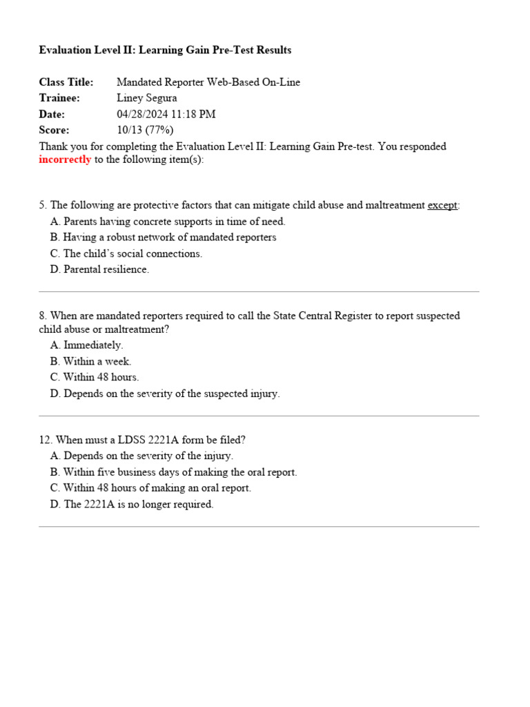 Mandated Report Training Pre-Test | PDF