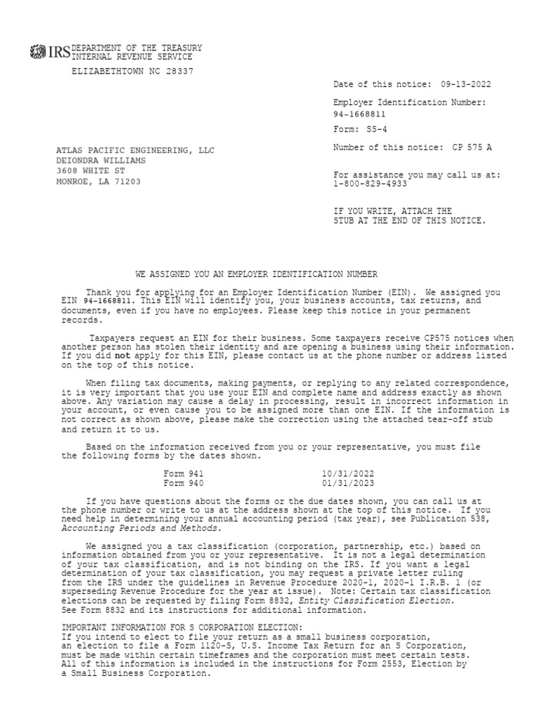 IRS Employer Identification Number Notice | PDF | Internal Revenue ...