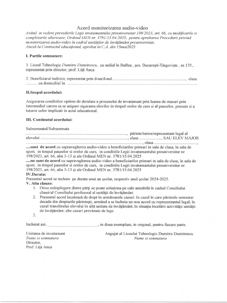 Acord Monitorizare Audio Video - Elevi | PDF