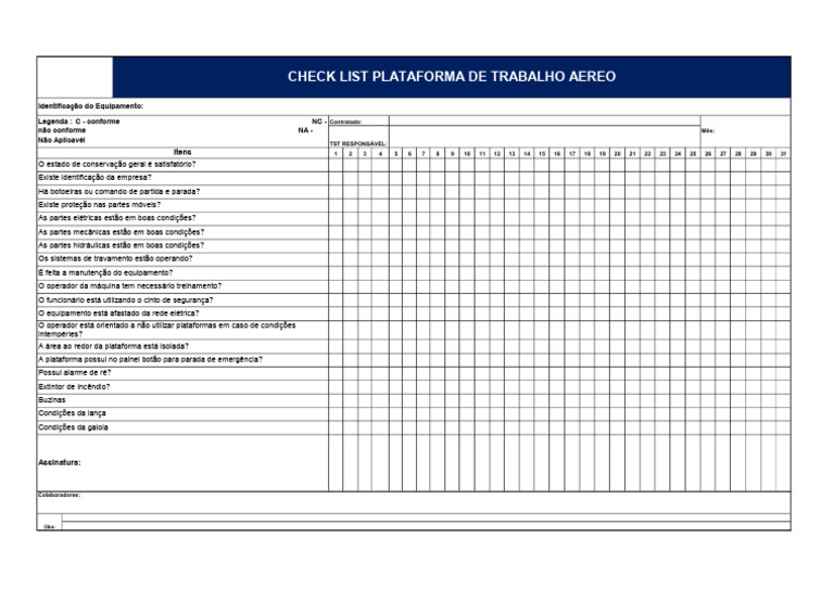 Check List Plataforma de Trabalho Aéreo | PDF