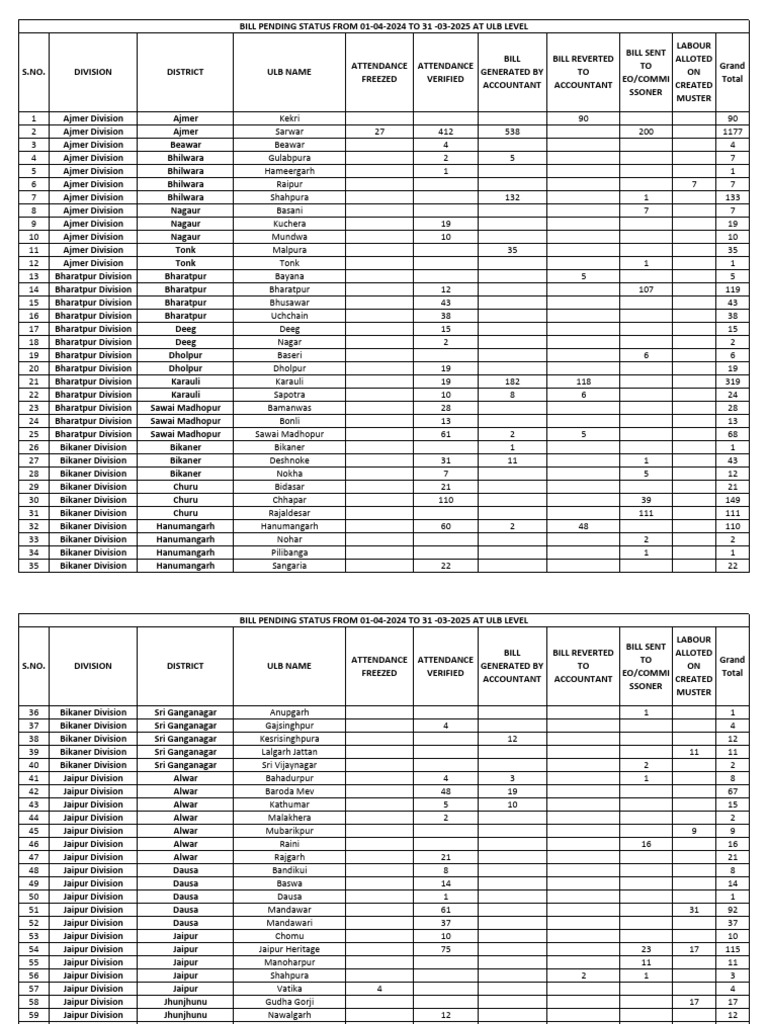 Muster Bill Pending Status From 01-04-2024 To 31-03-2025 (09-06-2025) | PDF