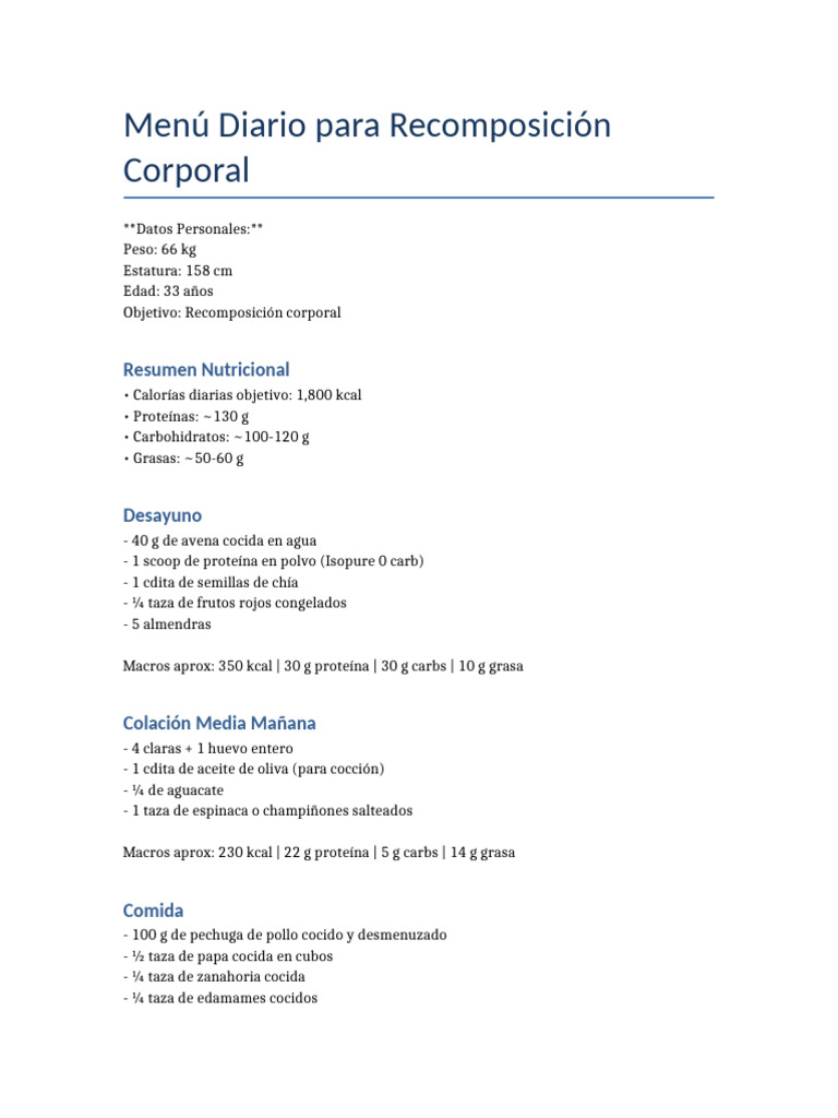 Menu Recomposicion Corporal Actualizado | PDF