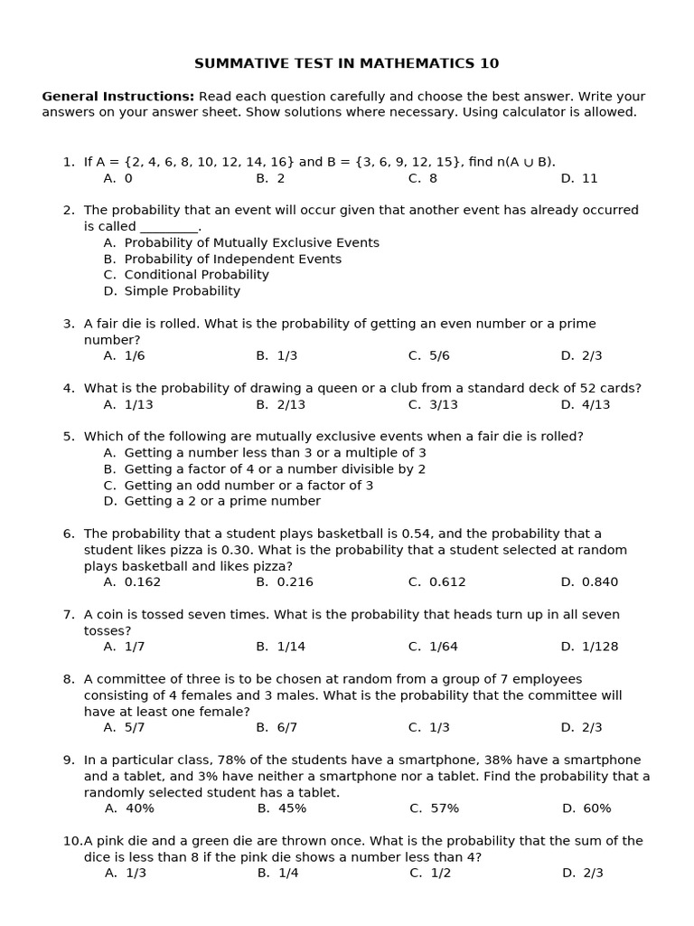 Math10 Q3 Assessment Complete | PDF | Probability | Odds