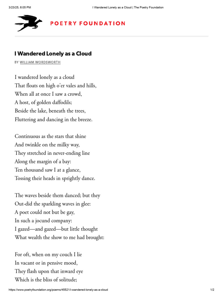 I Wandered Lonely As A Cloud - The Poetry Foundation | PDF