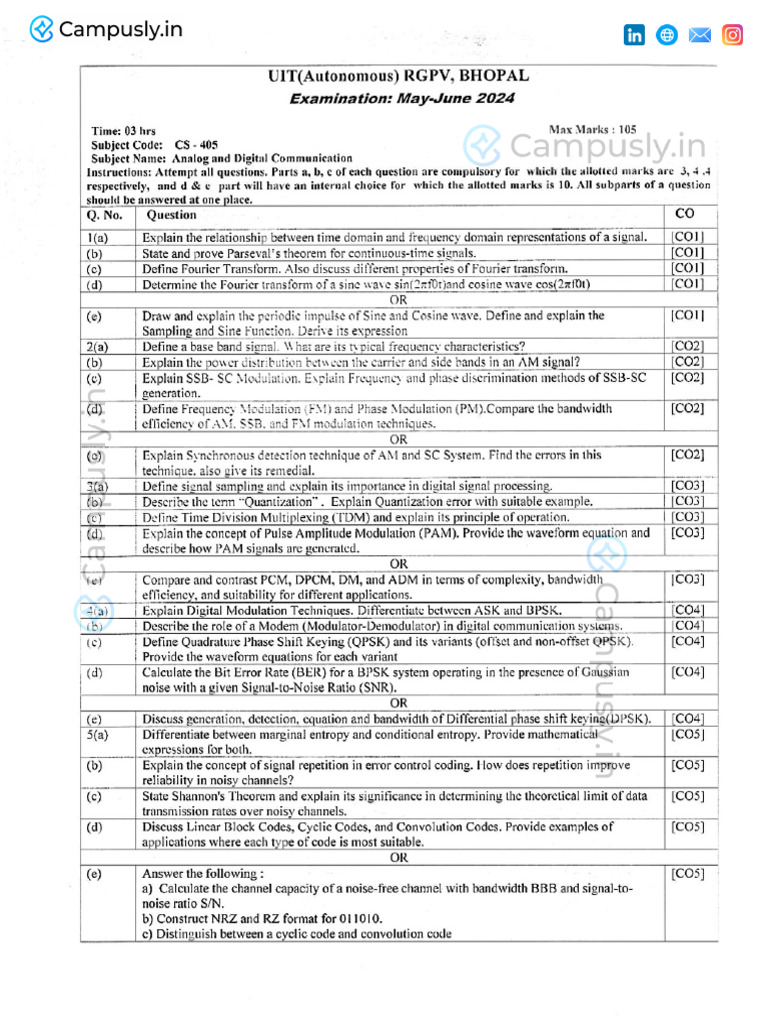 Analog and Digital Communication-Campusly PYQs | PDF