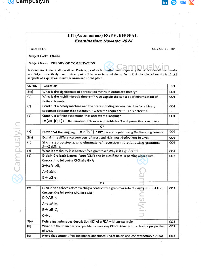 Theory of Computation Back-Campusly PYQs | PDF