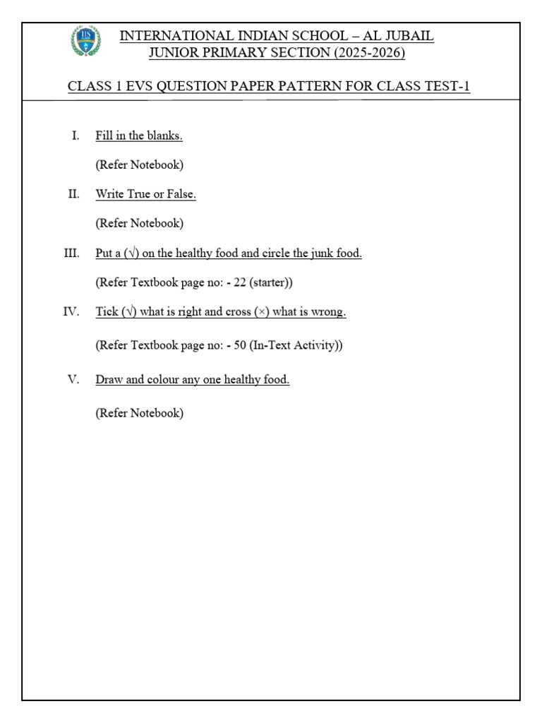 EVS Class Test-1 Question Paper Pattern | PDF