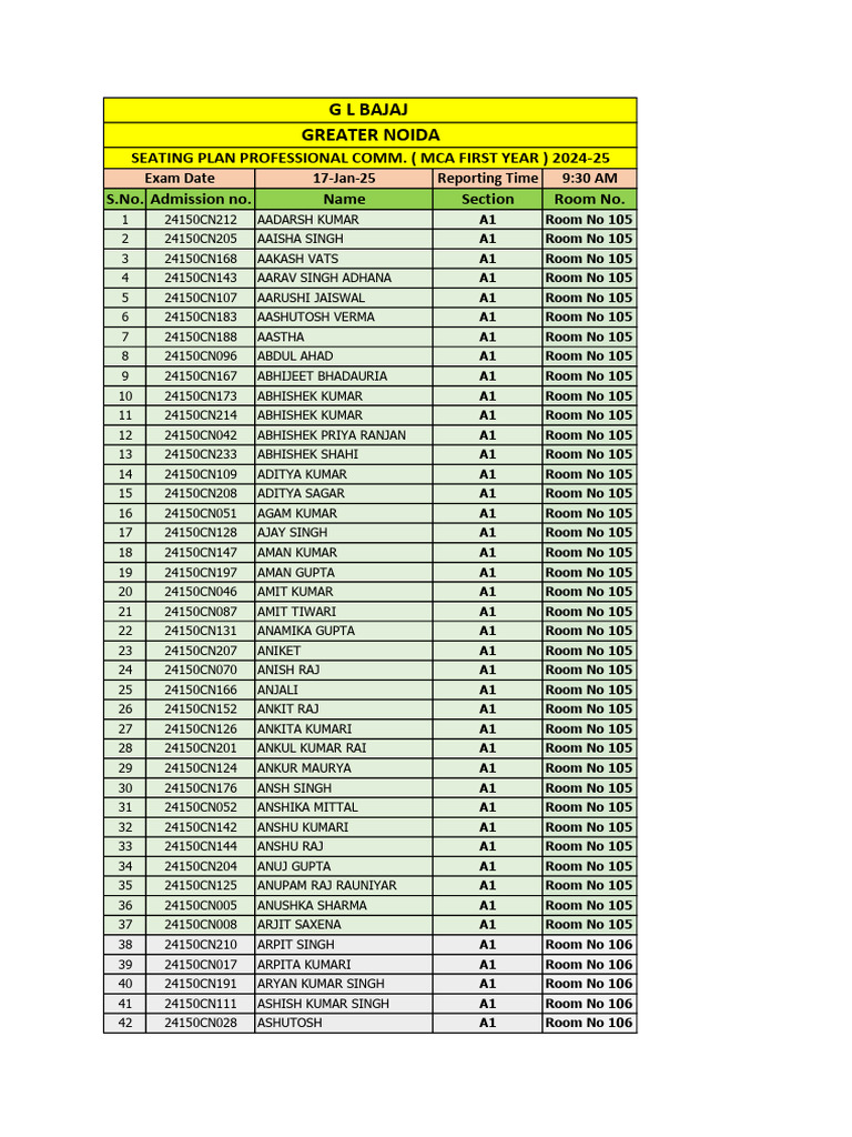 Seating Plan ITM (MCA) 1st Year Session 2024-25 | PDF