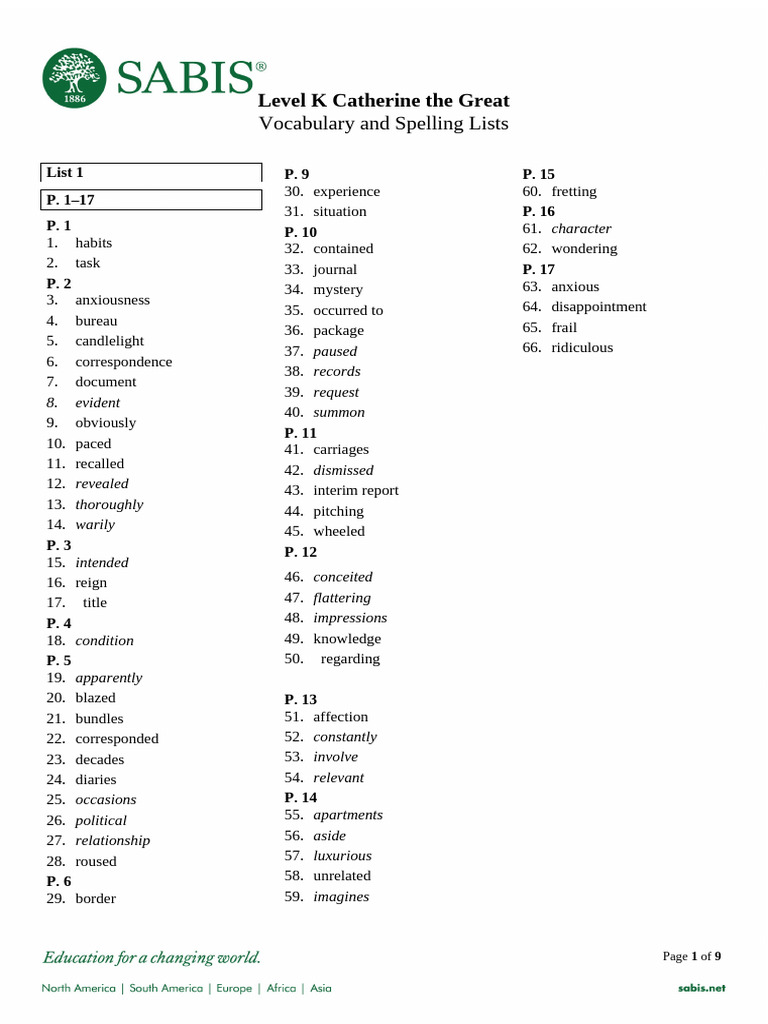 AY2425 Level K Catherine The Great Vocabulary and Spelling Lists | PDF
