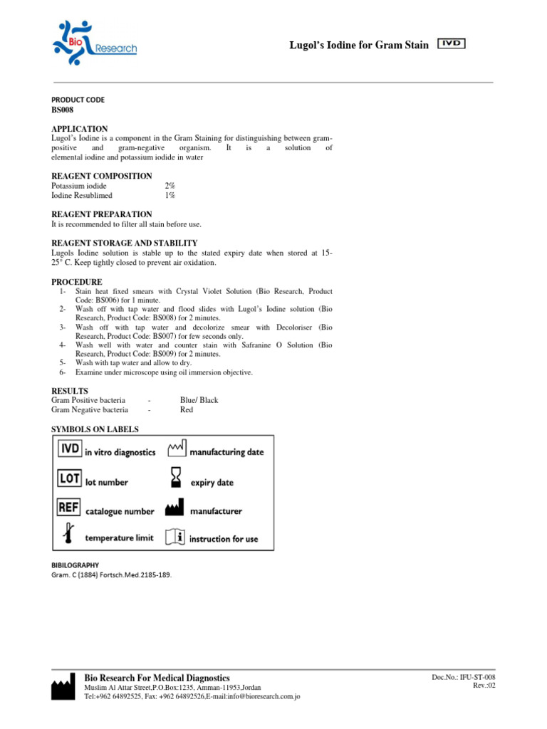 Lugol’s Iodine in Gram Staining | PDF