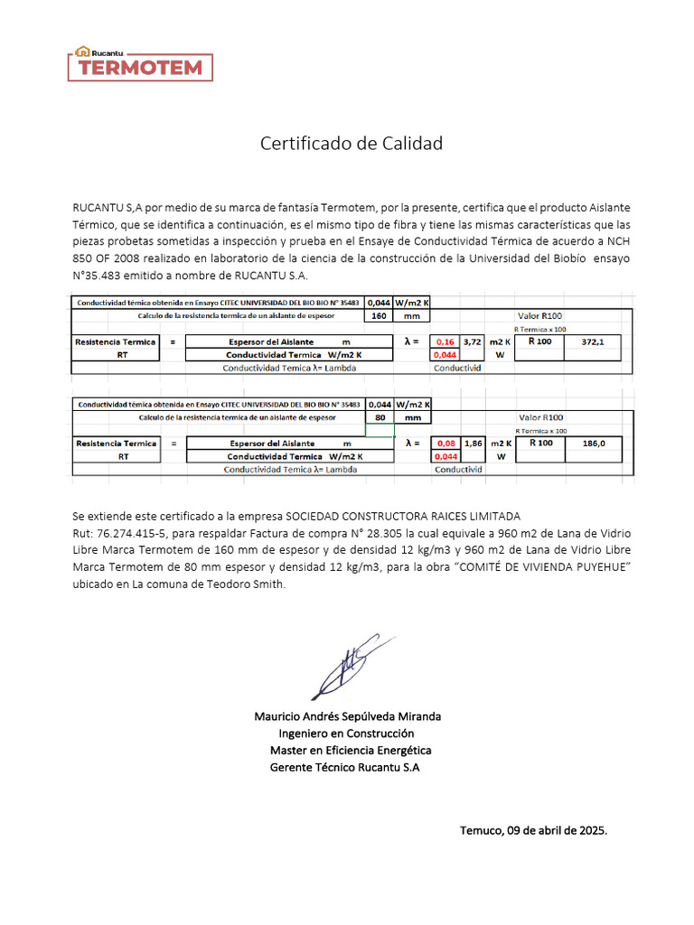 Certificado de Calidad Sociedad Constructora Raices Limitada. | PDF