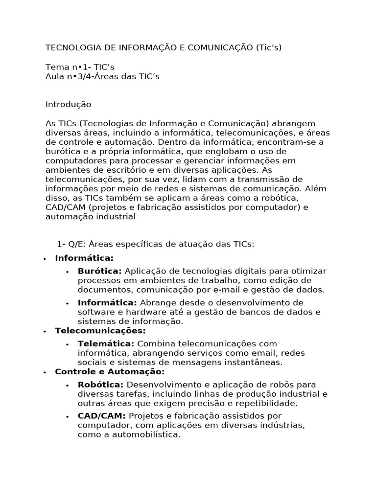Áreas de Aplicação das TICs | PDF | Tecnologia da Informação e ...