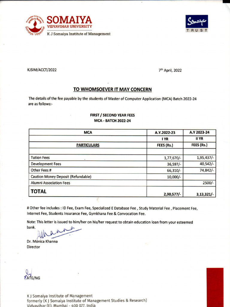 Fees Structure Mca Batch 2022-24 | PDF