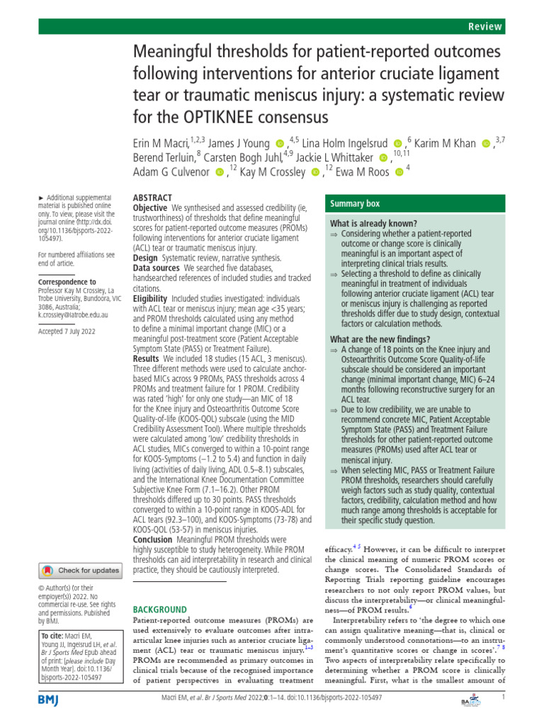 Meaningful Thresholds For Patient-Reported | PDF | Systematic Review | Joints
