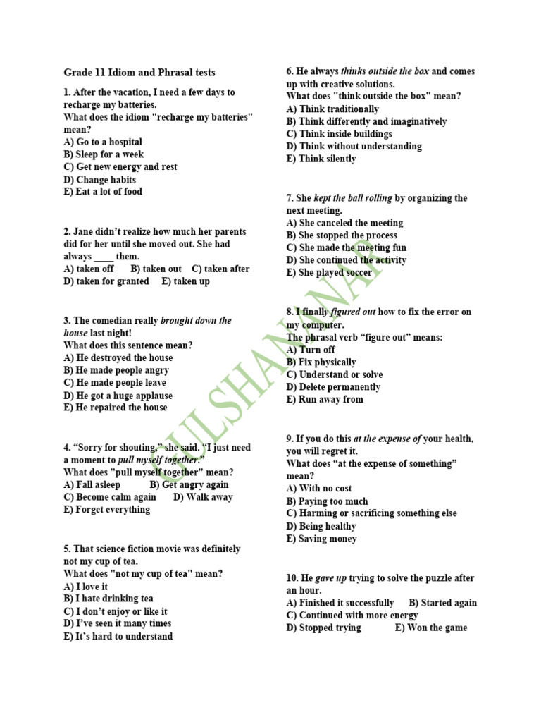 Grade 11 Idiom and Phrasal Tests | PDF