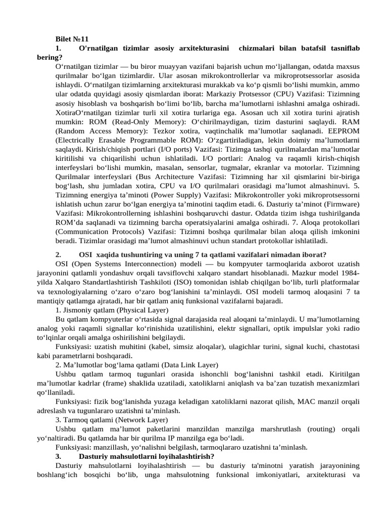 Bilet 11 1. O'rnatilgan Tizimlar Asosiy Arxitekturasini Chizmalari Bilan Batafsil Tasniflab ...