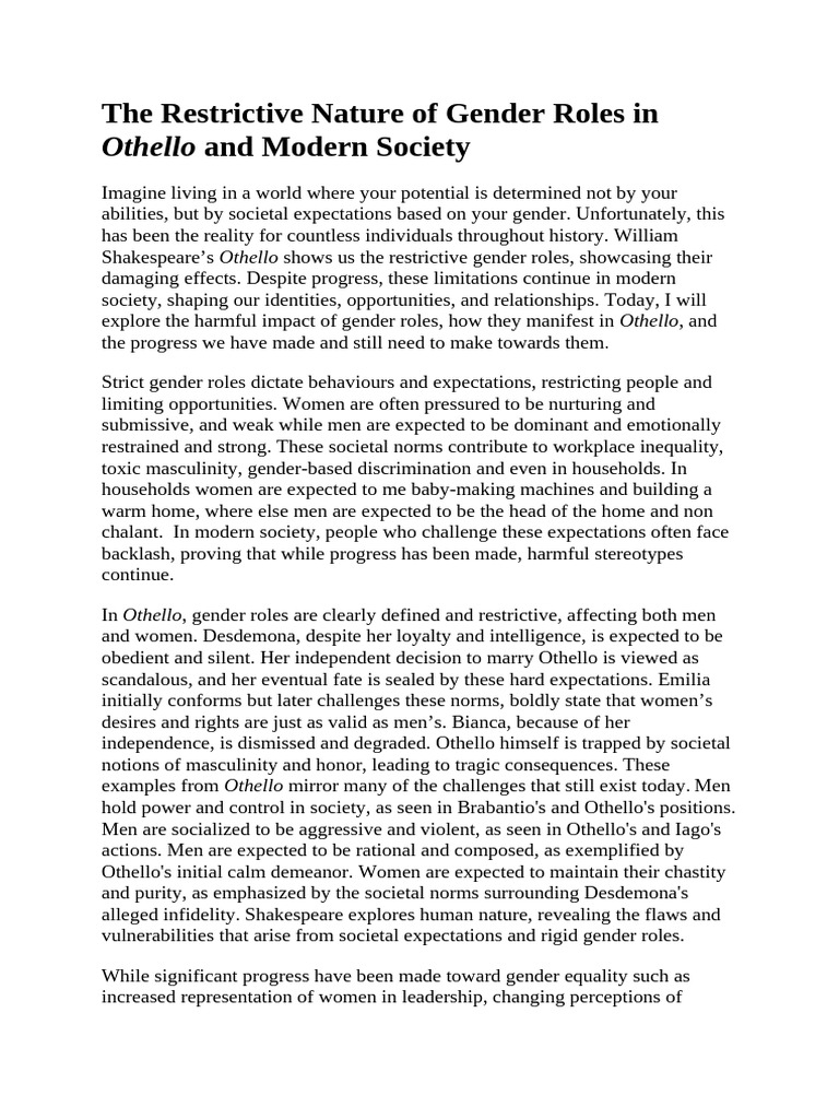 The Restrictive Nature of Gender Roles in Othello and Modern Society ...