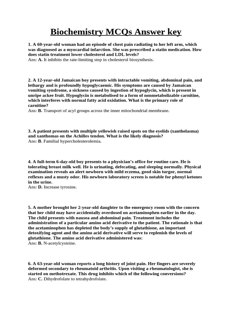 Biochemistry MCQs Answer Key | PDF | Medical Specialties | Diseases And ...