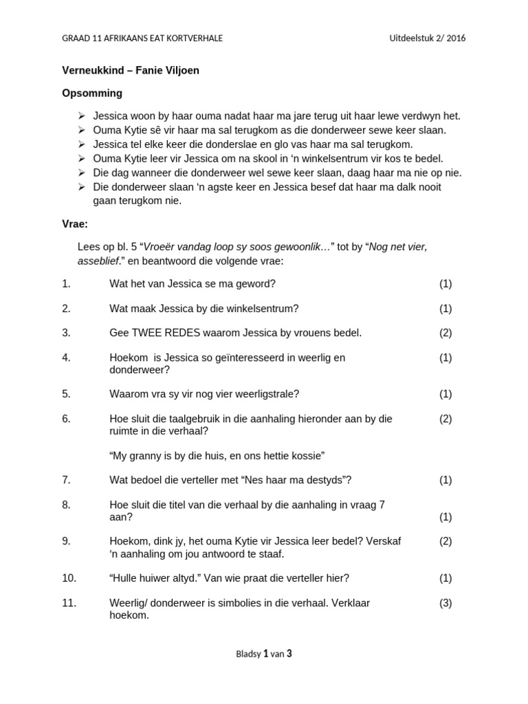 2016 Kortverhaal Graad 11 Verneukkind - Fanie Viljoen (Voorgeskryf) | PDF