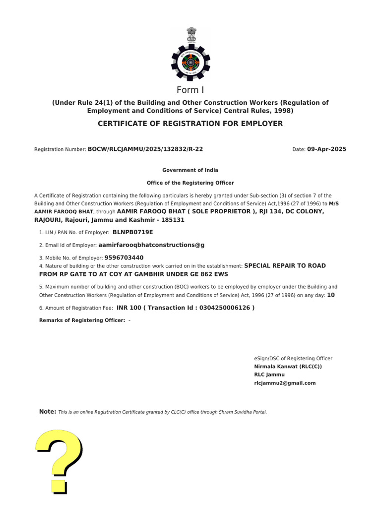 Certificate Registration 132832 PDF | PDF