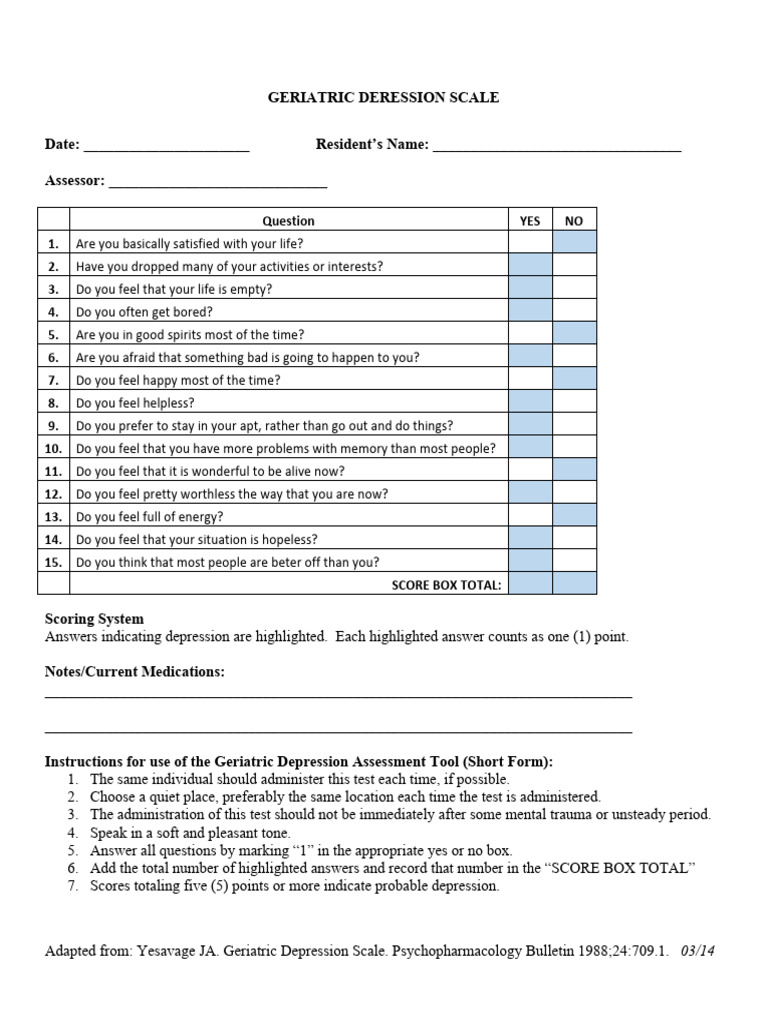 Geriatric Depression Scale Assessment | PDF