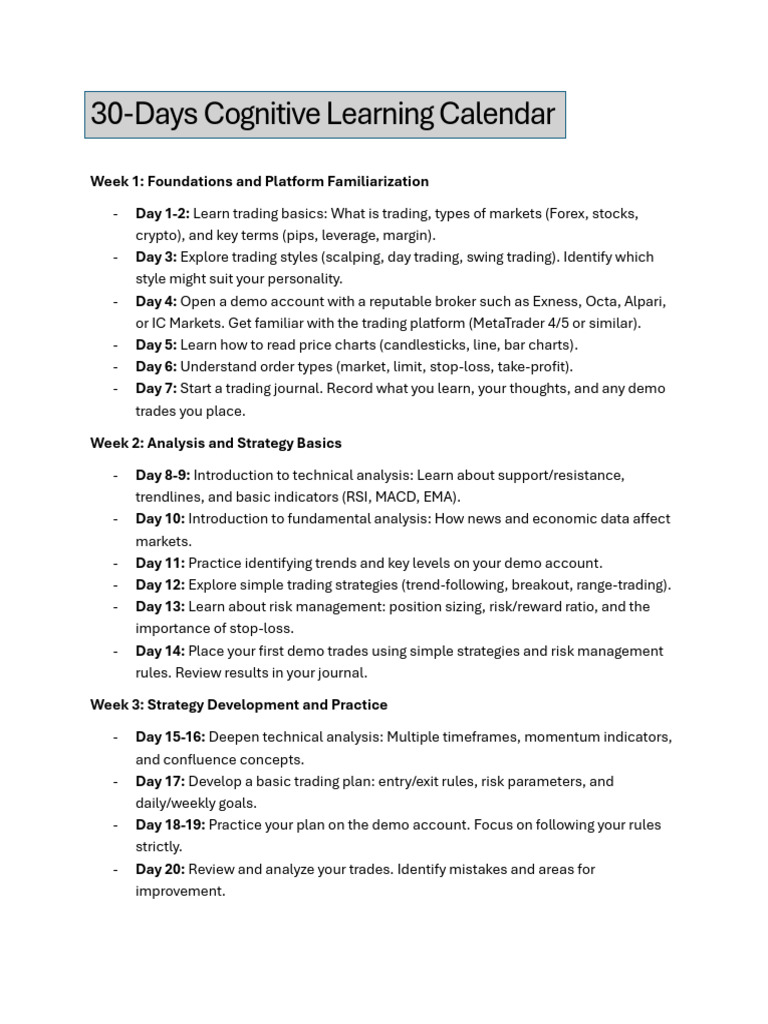 30-Day Trading Learning Plan | PDF | Technical Analysis | Financial Markets
